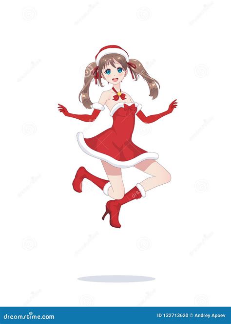 Joyful Anime Manga Girl As Santa Claus In A Jump Stock Vector