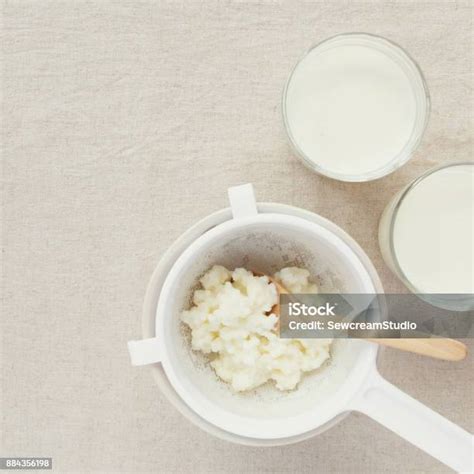 유기 Probiotic 우유 Kefir 입자 유리 용기에 플라스틱 체와 Kefir 우유에 티벳 버섯 건강한 식생활에 대한 스톡