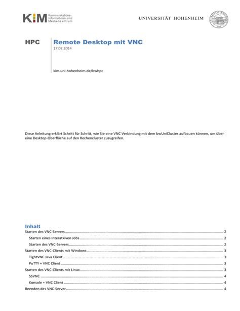 Hpc Remote Desktop Mit Vnc