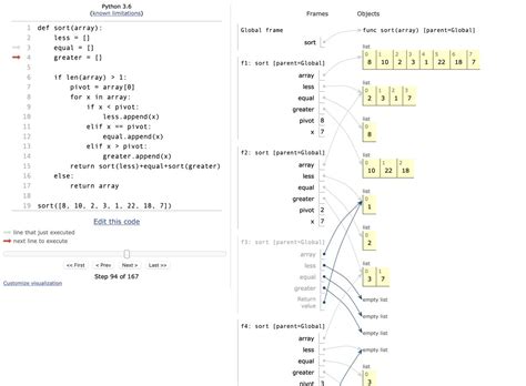 这个网站可以非常直观地把 Python 的运行过程以可视化的方式展示出来，方便初学者理解整个程序的每一步状态。图为快速排序的运行流程👇