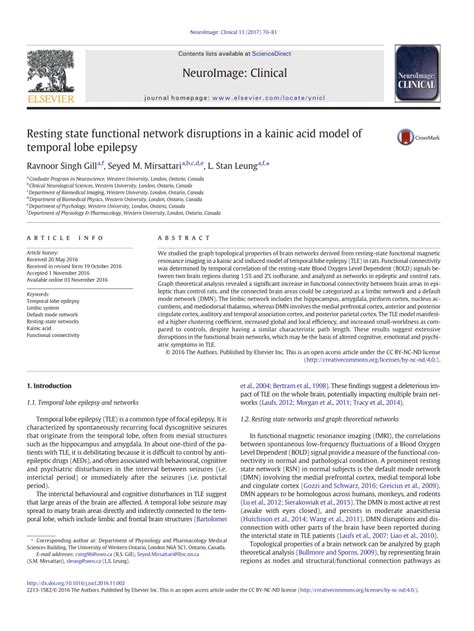 Pdf Resting State Functional Network Disruptions In A Kainic Acid Model Of Temporal Lobe Epilepsy
