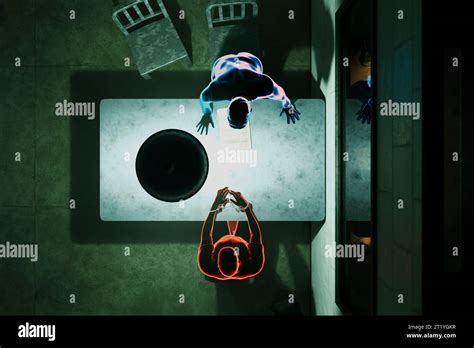 Police Interrogation Room Captured From A High Angle Silhouettes Of A
