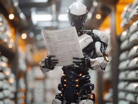Futuristic Robot Analyzing Data In High Tech Warehouse Setting With
