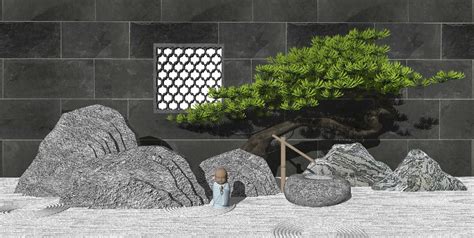 新中式庭院景观 景观小品 迎客松 石头假山 禅意景观 园艺庭院小景 原创SU模型 庭院景观SU模型