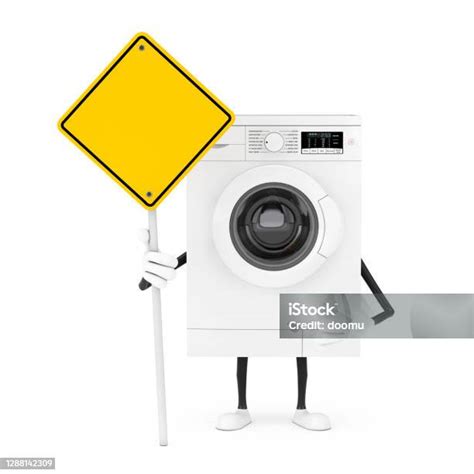 당신의 디자인을위한 여유 공간이있는 현대 흰색 세탁기 캐릭터 마스코트와 노란색 도로 표지판 3d 렌더링 가사 집안일에 대한 스톡 사진 및 기타 이미지 Istock