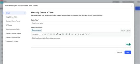 Table Title And Description Settings