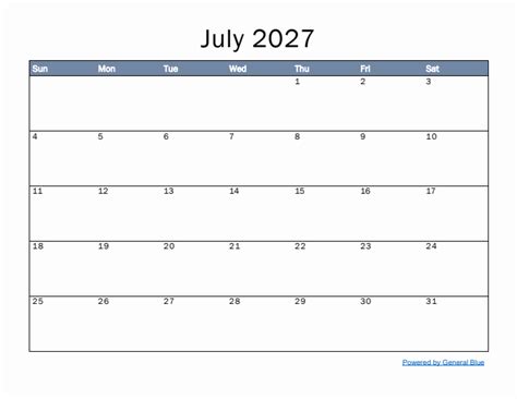 July 2027 Monthly Calendar Pdf Word Excel