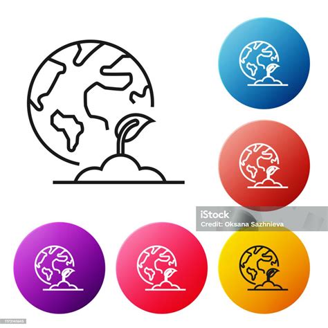 검은 선 지구 지구 지구와 식물 아이콘 흰색 배경에 격리 세계 또는 지구 기호입니다 기하학적 모양입니다 환경 개념 아이콘 다채로운 원 버튼을 설정합니다 벡터 일러스트레이션