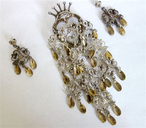 Vintage Norwegian Solje Silver Brooch And Earrings Set
