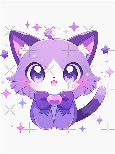 Cute Kawaii Smiling Cat Pink And Purple Kitten With Stars Sticker For