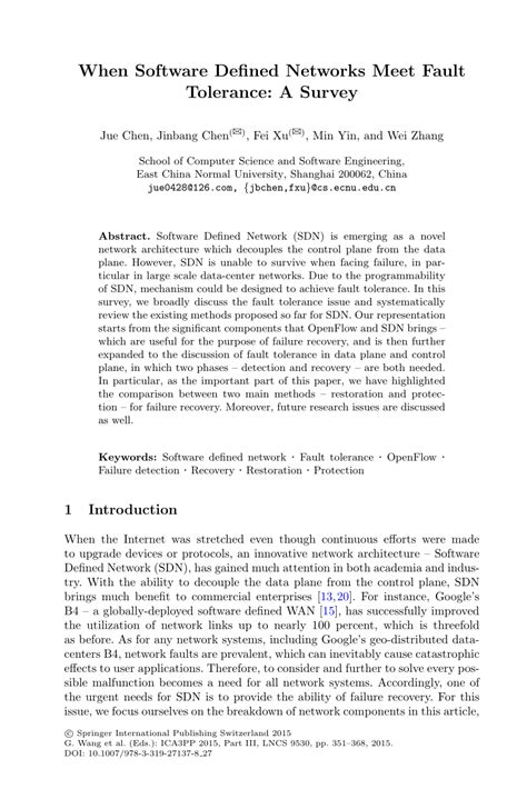 Pdf When Software Defined Networks Meet Fault Tolerance A Survey