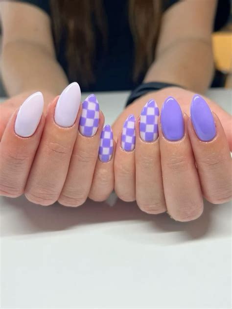 Purple Checkerboard Nails Blue Checkered Nails With Heart Accent