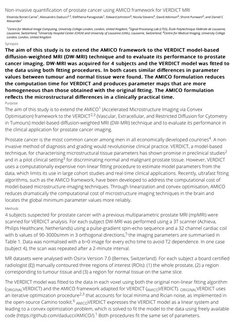 Pdf Non Invasive Quantification Of Prostate Cancer Using Amico Framework For Verdict Mri
