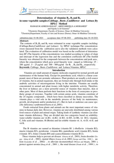 Pdf Determination Of Vitamins B 1 B 2 And B 9 In Some Vegetable Samplescabbage Beets