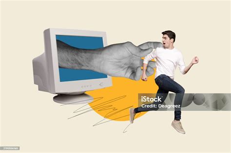 콜라주 크리 에이 티브 포스터 일러스트 레이 션 흑백 효과 큰 손 잡기 빠른 젊은 충격받은 남자 실행 점프 낙서 스케치 특이한 배너 30 34세에 대한 스톡 사진 및 기타
