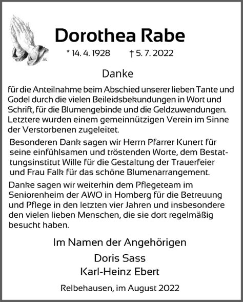 Traueranzeigen Von Dorothea Rabe Trauer HNA De