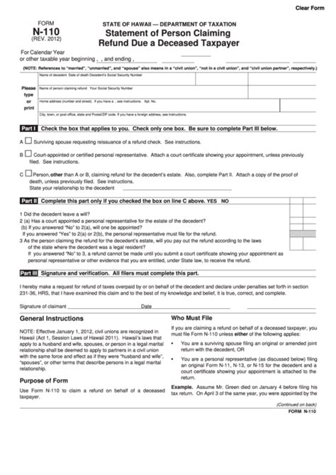 Fillable Form N 110 Statement Of Person Claiming Refund Due A