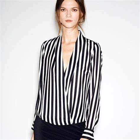 Striped Deep V Neck Long Sleeves Slim Chiffon Blouse
