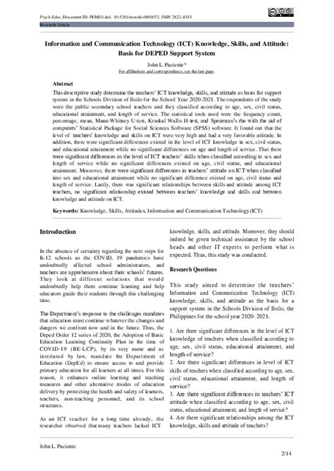 Pdf Information And Communication Technology Ict Knowledge Skills
