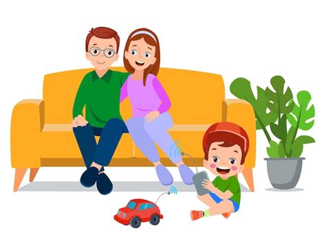 Un Niño Se Sienta En Un Sofá Con Sus Padres Y Un Auto Vector Premium