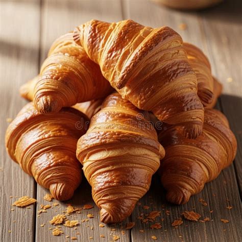 Golden Flaky Croissants Arranged On A Wooden Surface The Pastries