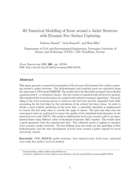 Pdf 3d Numerical Modelling Of Scour Around A Jacket Structure With Dynamic Free Surface Capturing