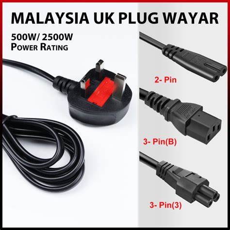 Malaysia Uk Plug Wire Power 13a 3 Pin 15m 3m 500w 2500w Fuse Monitor