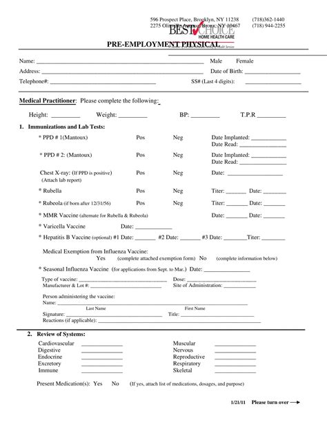 Free Printable Physical Form For Work Templates Pdf