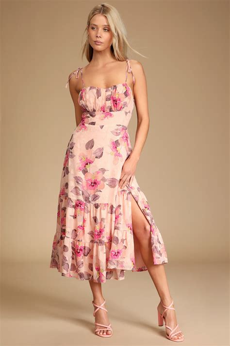 Pink Floral Print Dress Tie Strap Midi Dress Tiered Dress Lulus