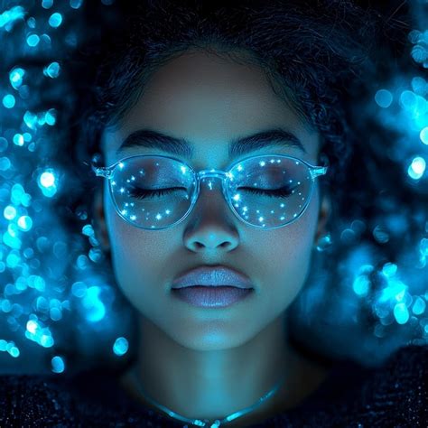 Woman With Closed Eyes Looking Dreamy With Blue Lights Reflecting In