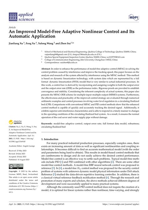 Pdf An Improved Model Free Adaptive Nonlinear Control And Its Automatic Application