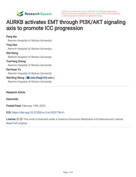 Pdf Aurkb Activates Emt Through Pi3kakt Signaling Axis To Promote Icc Progression