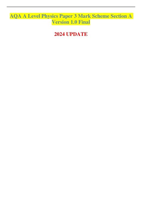 AQA A Level Physics Paper Mark Scheme Section A Version Final UPDATE AQA A Level