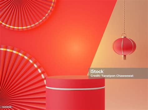 중국 음력 새해 테마로 빈 연단의 최소 장면의 3d 렌더링 제품 프리젠 테이션 모형을위한 디스플레이 스탠드 중국 전통 질감 2021년에 대한 스톡 사진 및 기타 이미지