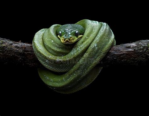 At Night A Wild Green Tree Python With Its Head Resting In The Middle Of Its Coiled Body Stock