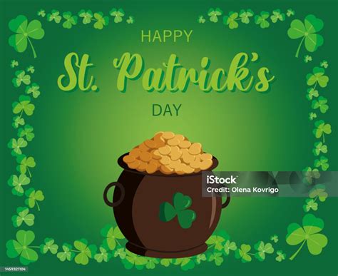 성 패트릭의 날 금과 토끼풀 냄비가 있는 벡터 그림 아일랜드의 샘플 상징입니다 St Patricks Day에 대한 스톡 벡터 아트 및 기타 이미지 St