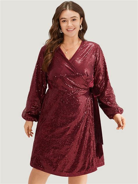 Sequin Ties Side Surplice Neck Lantern Sleeve Dress V Neck Sequin