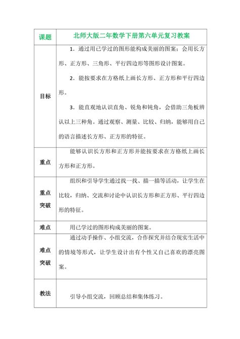 北师大版二年数学下册第六单元复习（表格教案） 21世纪教育网