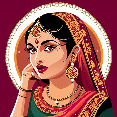 Sch Ne Indische Braut Saree Portr T Handgezeichnete Cartoon Aufkleber Symbol Konzept Isolierte