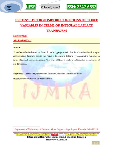 Pdf Extons Hypergeometric Functions Of Three Variables In Terms Of Integral Laplace Transform