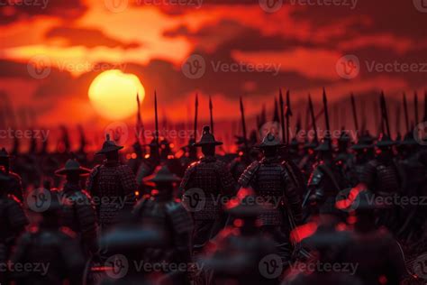 Medieval Army Marching To War At Sunset With Red Sky 47893906 Stock