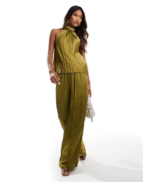River Island Plisse Satin Wide Leg Trouser Co Ord In Khaki Asos