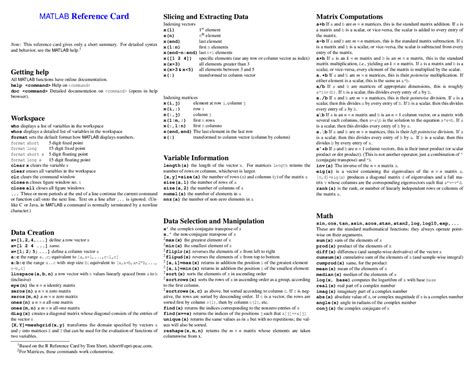 matlab reference card docsity