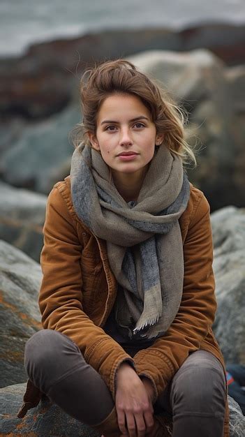 Premium Photo Woman Seated On The Pebbles