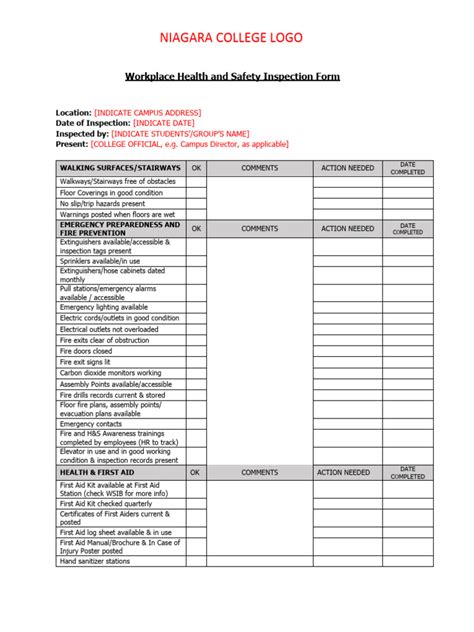 Workplace Health And Safety Inspection Form Pdf First Aid Lighting