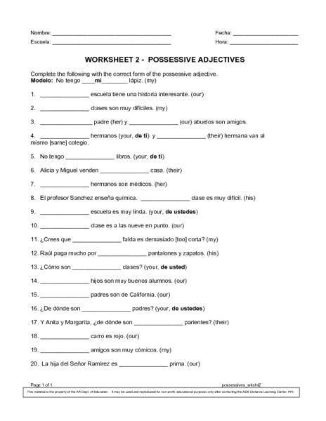 Possessive Adjectives 9th 10th Grade Worksheet Possessive