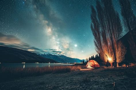 Illuminated Camp Tent Under Beautiful Night Sky With Stars Premium Ai