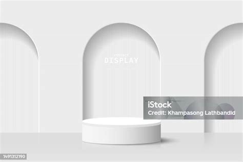 흰색 회색 3d 실린더 연단 받침대는 세 개의 아치 문 배경 앞에 현실적으로 배치됩니다 모형 또는 제품 프레젠테이션 쇼케이스를 위한 최소한의 장면 3d 벡터 기하학적 형태