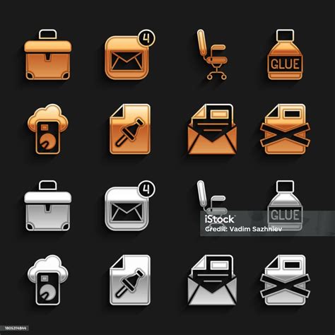 푸시 버튼으로 메모 용지 접착제 파일 문서 삭제 메일 및 이메일 클라우드 데이터베이스 사무용 의자 서류 가방 및 봉투 아이콘을