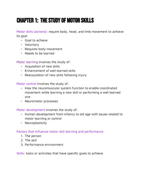 Motor Learning Midterm Notes CHAPTER 1 The Study Of Motor Skills Motor Skills Actions